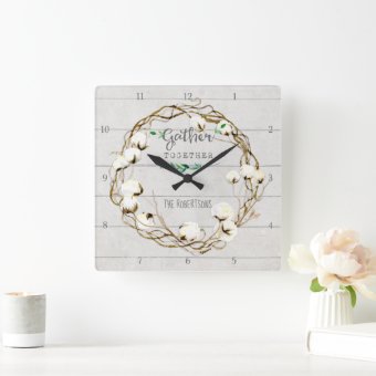 Farmhouse Shiplap Wood Rustic Gather Together Square Wall Clock | Zazzle