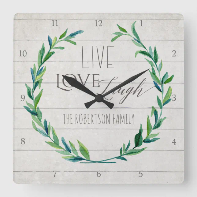 Farmhouse Shiplap Wood Rustic Leaf Wreath Family Square Wall Clock | Zazzle