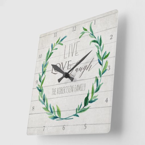 Farmhouse Shiplap Wood Rustic Leaf Wreath Family Square Wall Clock | Zazzle