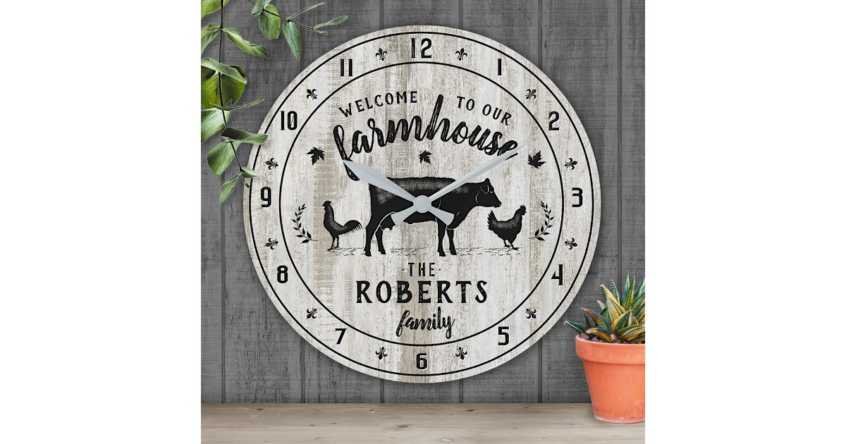 Farmhouse Style Rustic Barn Wood Cow Custom Name Round Clock | Zazzle