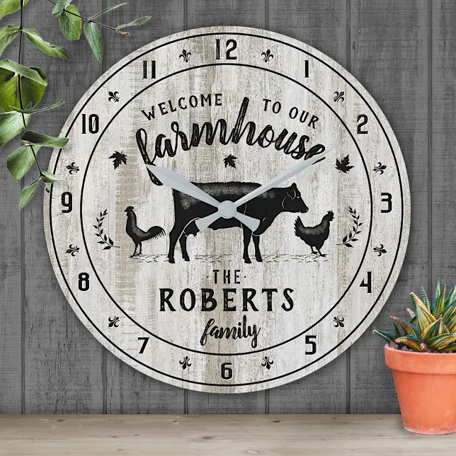 Farmhouse Style Rustic Barn Wood Cow Custom Name Round Clock | Zazzle