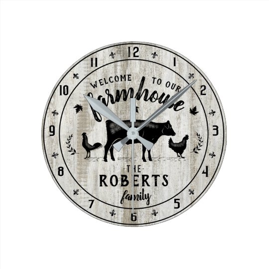 Farmhouse Style Rustic Barn Wood Cow Custom Name Round Clock | Zazzle.com