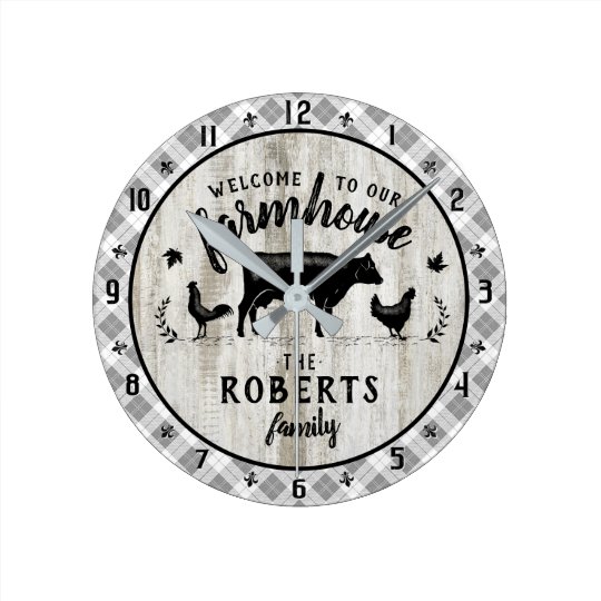 Farmhouse Style Rustic Plaid Barn Wood Cow Custom Round Clock | Zazzle.com