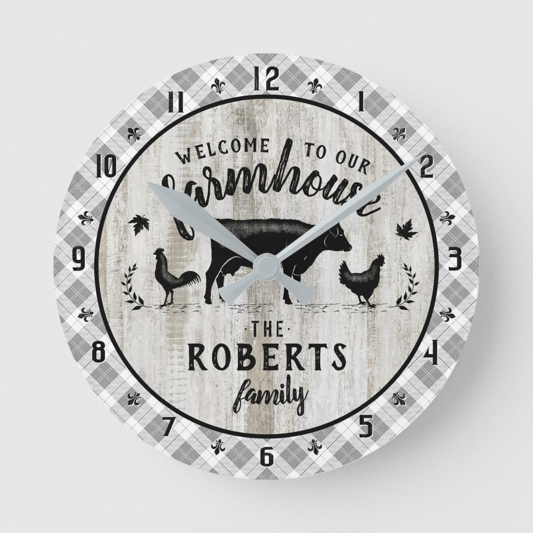 Farmhouse Style Rustic Plaid Barn Wood Cow Custom Round Clock | Zazzle