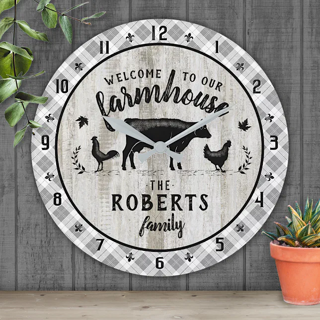 Farmhouse Style Rustic Plaid Barn Wood Cow Custom Round Clock | Zazzle