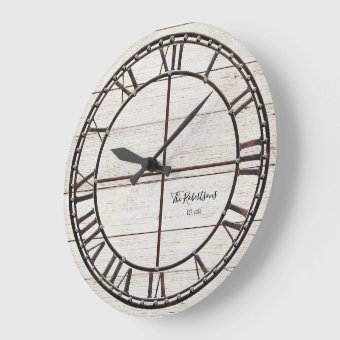 Farmhouse White Shiplap Wood Rustic Family Name Large Clock | Zazzle