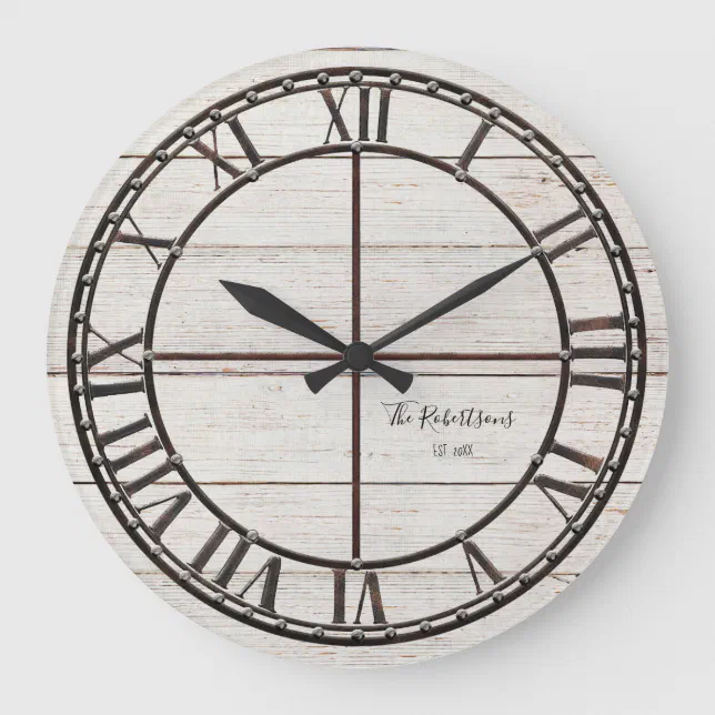 Farmhouse White Shiplap Wood Rustic Family Name Large Clock | Zazzle