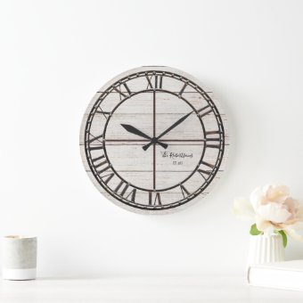 Farmhouse White Shiplap Wood Rustic Family Name Large Clock | Zazzle