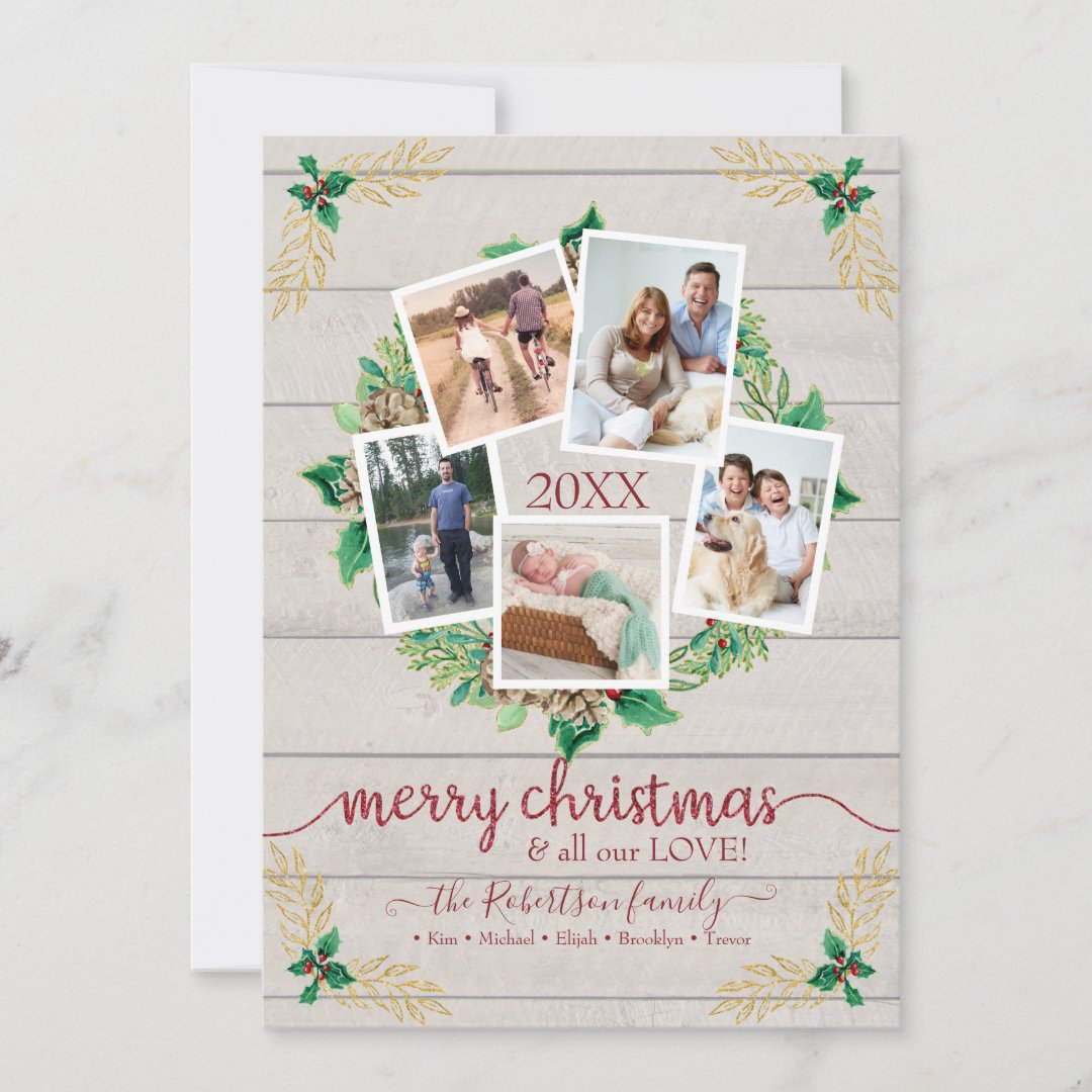 Farmhouse Wreath Christmas Rustic w Family Photos Holiday Card | Zazzle