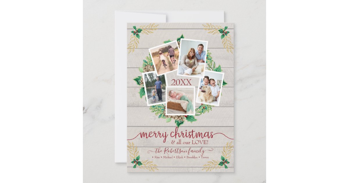 Farmhouse Wreath Christmas Rustic w Family Photos Holiday Card | Zazzle