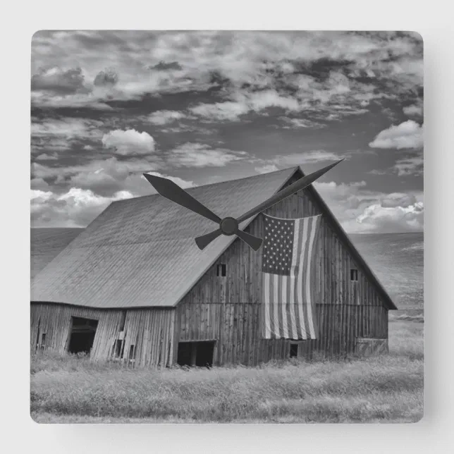 Farms | BW American Flag Barn Scene Square Wall Clock | Zazzle