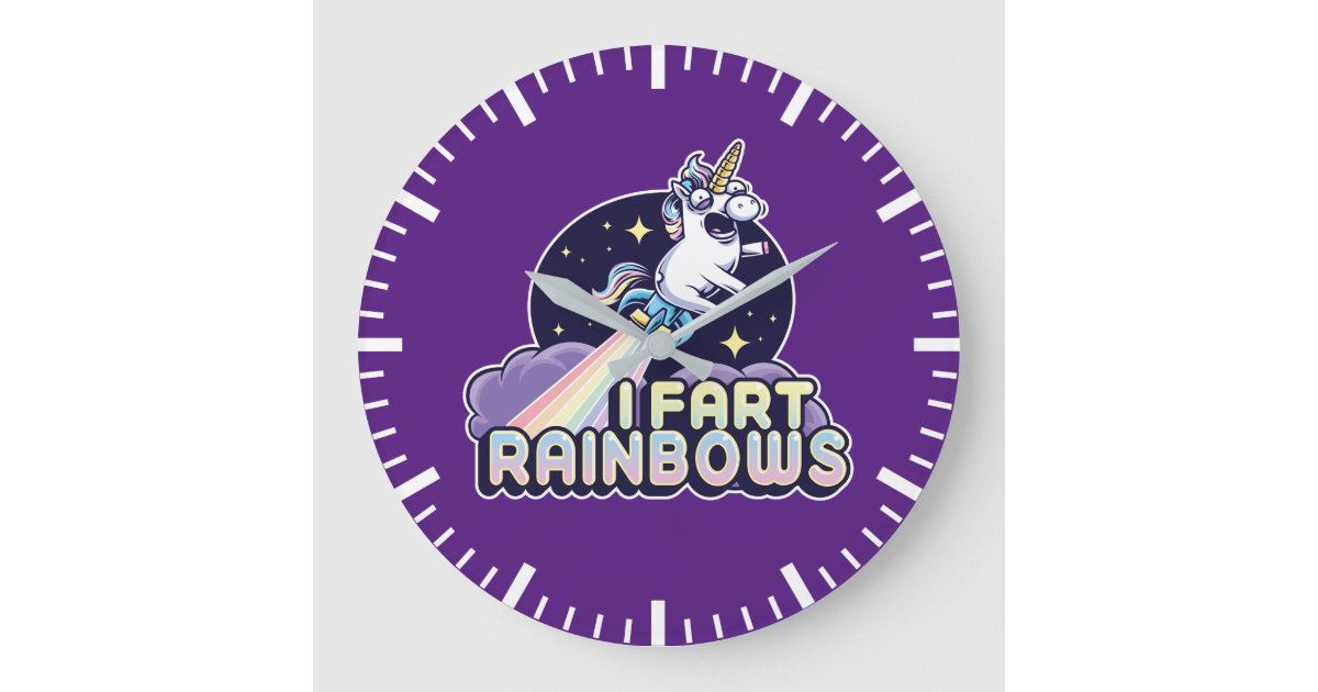 Farting Unicorn - Funny Unicorn - I Fart Rainbows Large Clock | Zazzle