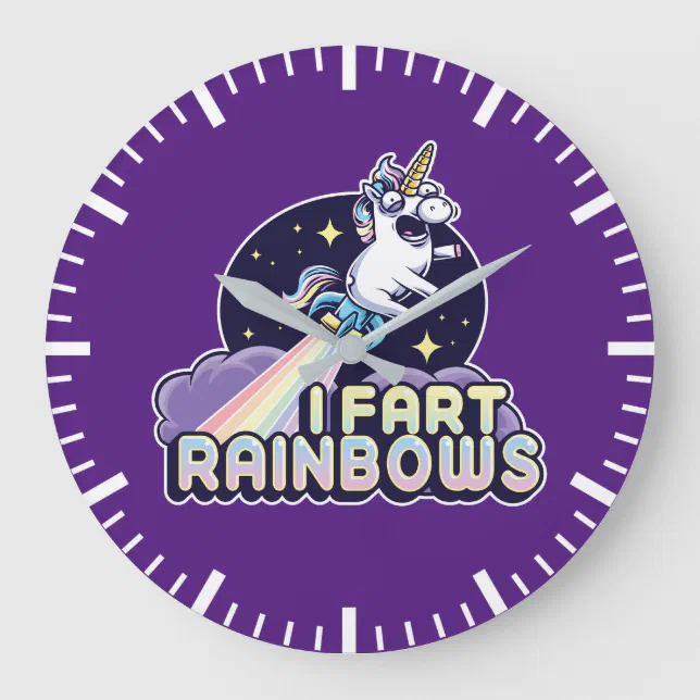 Farting Unicorn - Funny Unicorn - I Fart Rainbows Large Clock | Zazzle