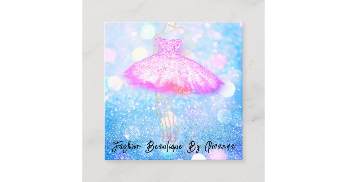 Fashion Dress Logo QR Code Glitter Pink Dress Blue Square Business Card ...