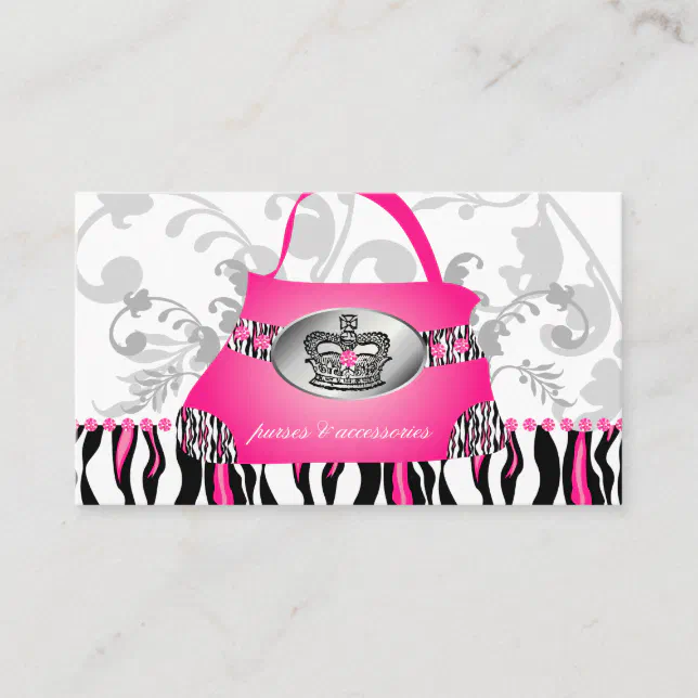 Fashion Handbag Crown Purse Pink Zebra Floral 2 Business Card | Zazzle