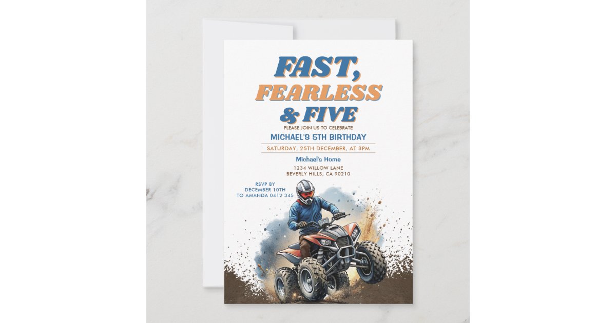 Fast Fearless & FIVE Racing 5th ATV Birthday Party Invitation | Zazzle