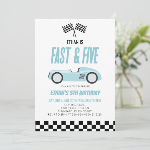 Fast & Five Blue Race Car 5th Birthday Party Invitation | Zazzle