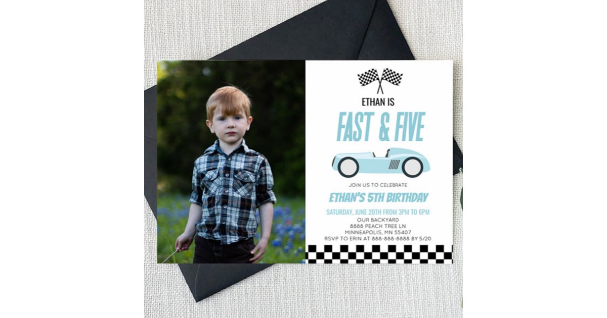 Fast & Five Blue Race Car 5th Birthday Party Invitation | Zazzle
