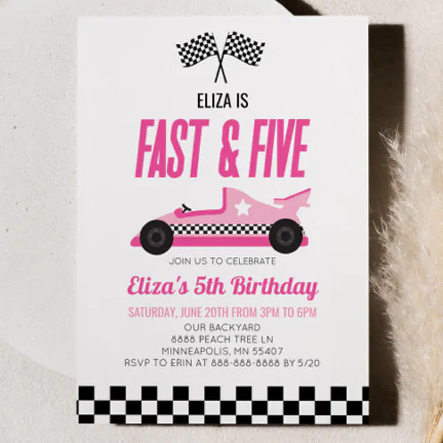 Fast & Five Pink Race Car 5th Birthday Party Invitation | Zazzle