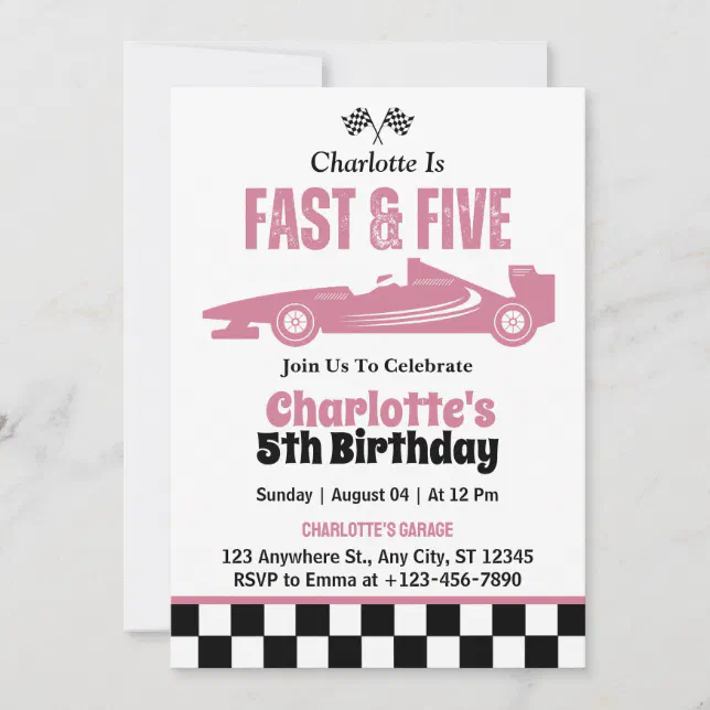 Fast & Five Race Car Gir 5th Birthday Party Invitation | Zazzle
