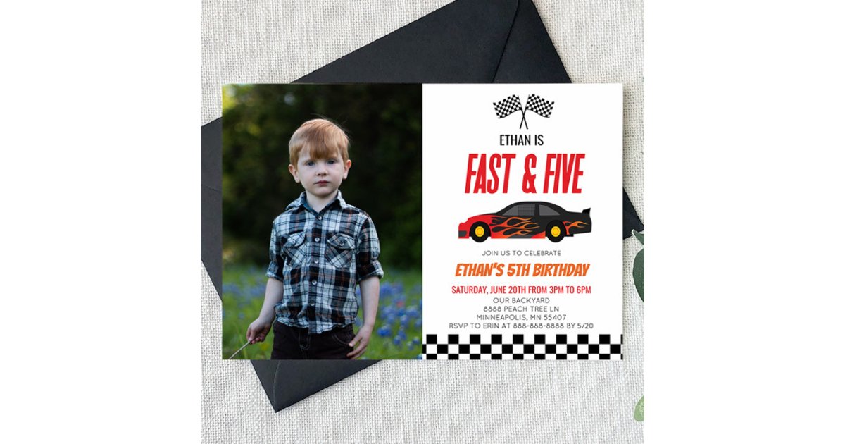 Fast & Five Red Flame Race Car 5th Birthday Party Invitation | Zazzle