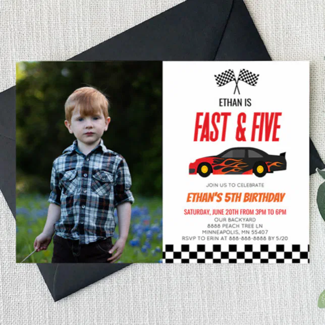 Fast & Five Red Flame Race Car 5th Birthday Party Invitation | Zazzle