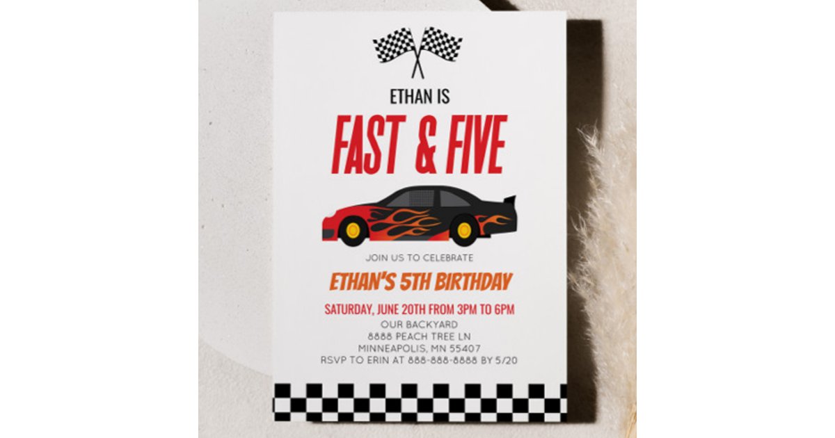 Fast & Five Red Flame Race Car 5th Birthday Party Invitation | Zazzle