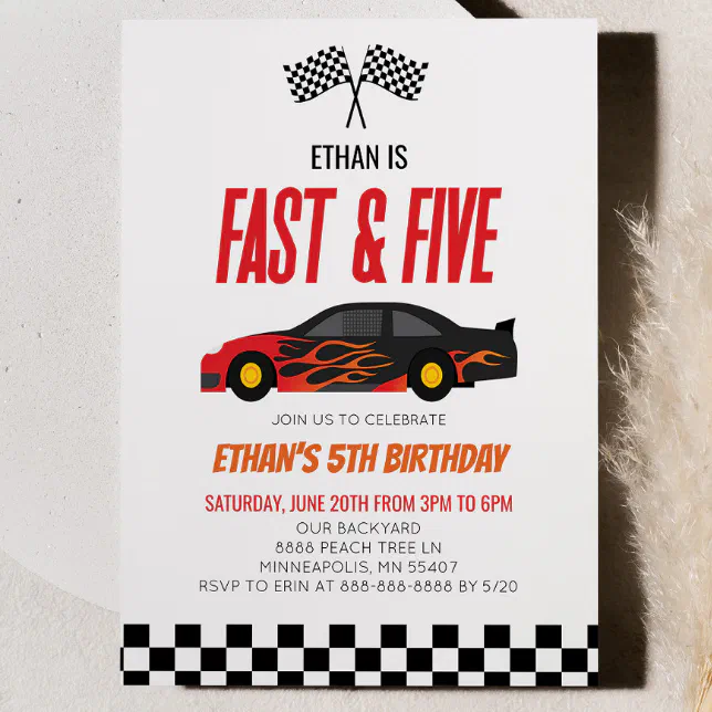 Fast & Five Red Flame Race Car 5th Birthday Party Invitation | Zazzle