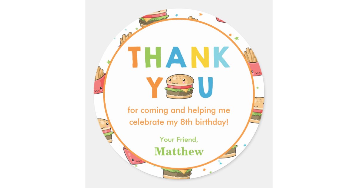 Fast Food Burger Birthday Party Thank You Favor Classic Round Sticker ...