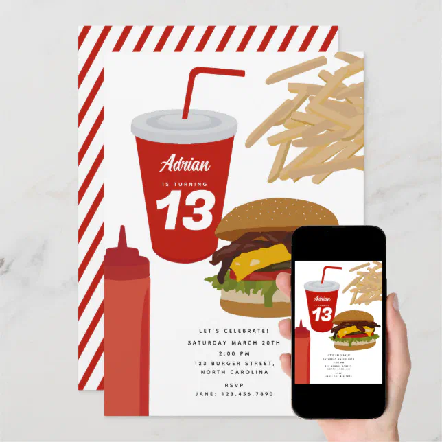 Fast Food Burger Fries BBQ Birthday Invitation | Zazzle
