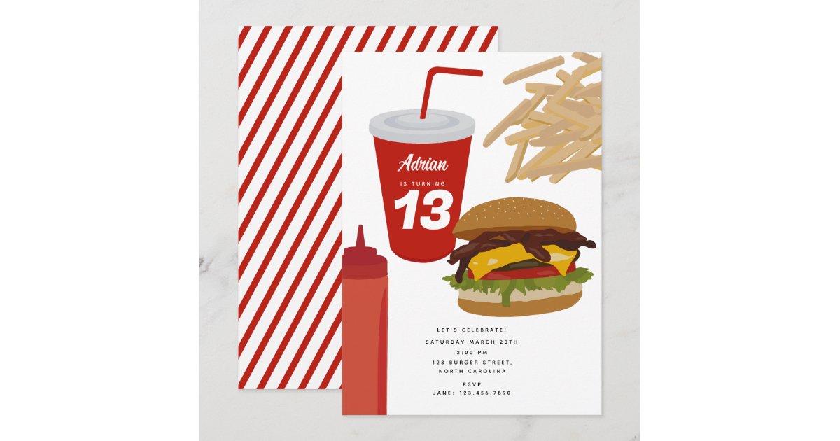 Fast Food Burger Fries BBQ Birthday Invitation | Zazzle
