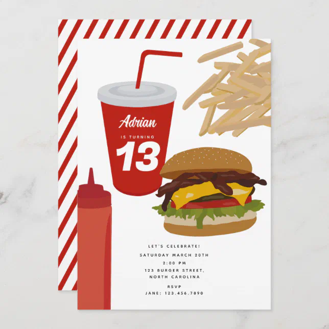 Fast Food Burger Fries BBQ Birthday Invitation | Zazzle