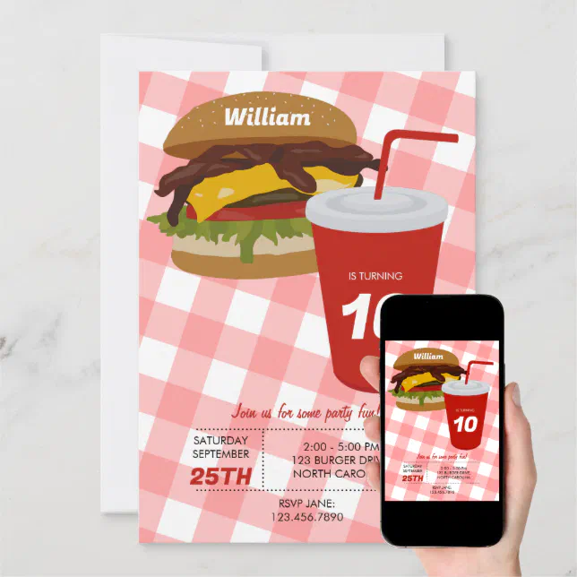 Fast Food Burger Fries BBQ Birthday Invitation | Zazzle