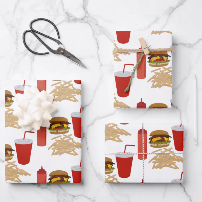 Fast Food Burger Fries Pattern Wrapping Paper Sheets | Zazzle