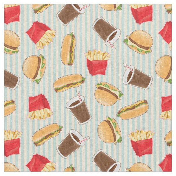 Funny Cheeseburger on Red Food Pattern Fabric | Zazzle