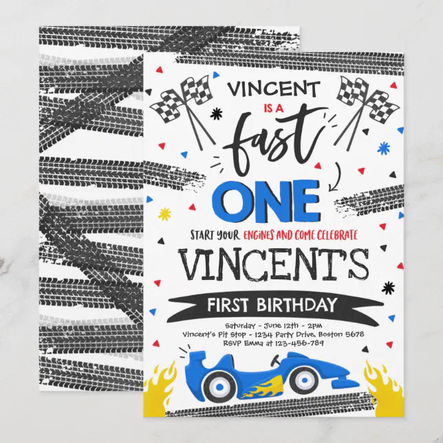 Fast One 1st Birthday Party Blue Race Car Fast One Invitation | Zazzle
