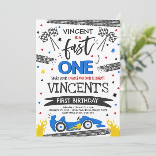 Fast One 1st Birthday Party Blue Race Car Fast One Invitation | Zazzle