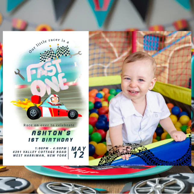 Fast one 1st birthday race car invitation | Zazzle
