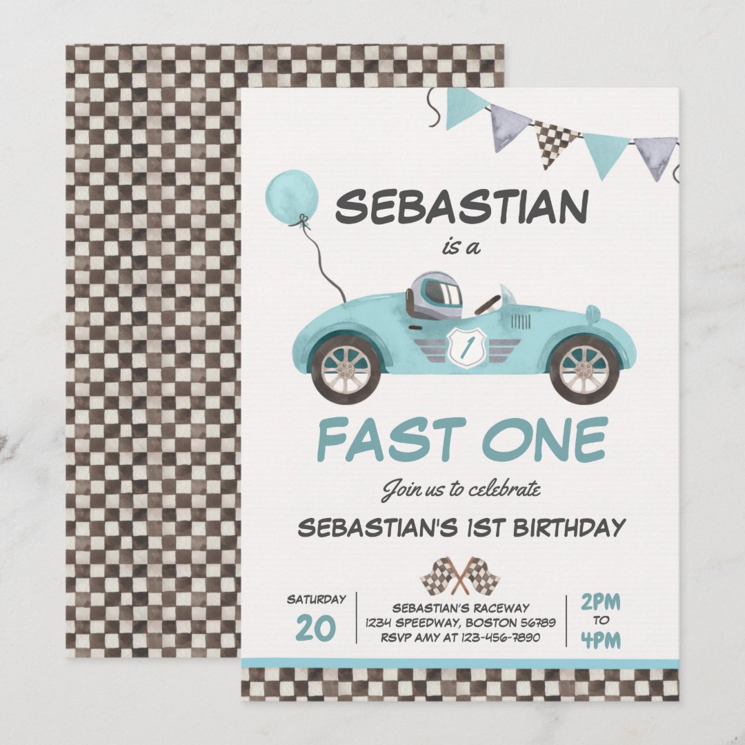 Fast One Birthday Party Blue Race Car 1st Birthday Invitation | Zazzle