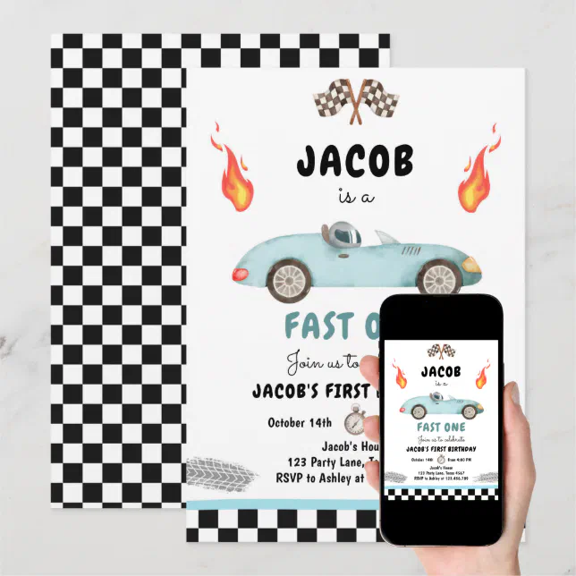 Fast One Birthday Party Race Car Blue 1st Birthday Invitation | Zazzle