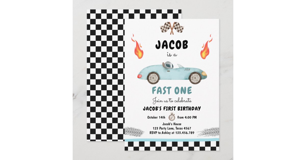 Fast One Birthday Party Race Car Blue 1st Birthday Invitation | Zazzle