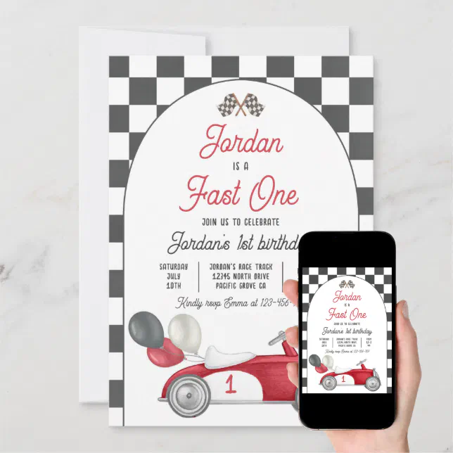 Fast One Birthday Party Red Race Car 1st Birthday Invitation | Zazzle