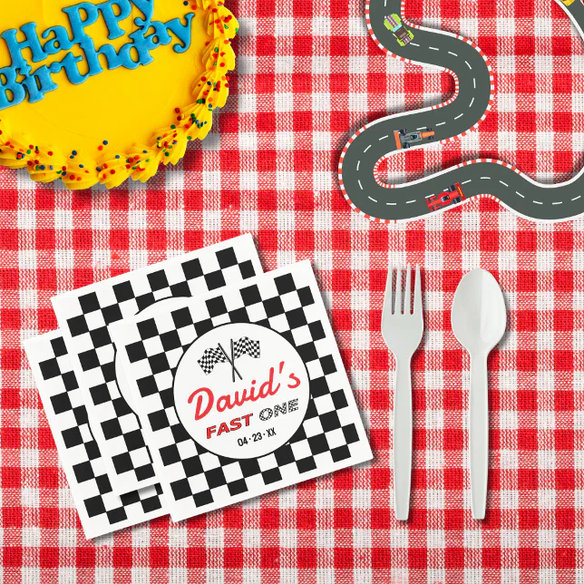 Fast ONE | Black White Race Car Flags Birthday Napkins | Zazzle