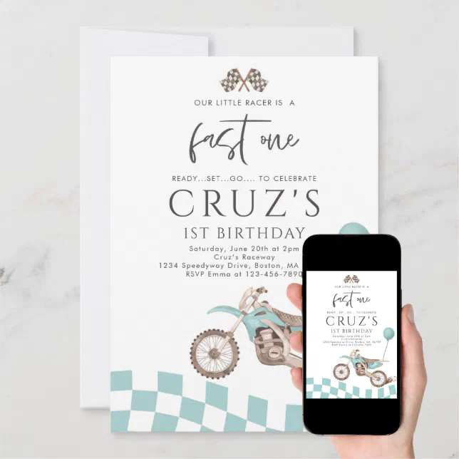 Fast One Blue Dirt Bike Boy 1st Birthday Party Invitation | Zazzle