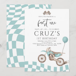 Fast One Blue Dirt Bike Boy 1st Birthday Party Invitation | Zazzle