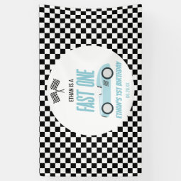 Fast One Blue Race Car 1st Birthday Party Banner | Zazzle