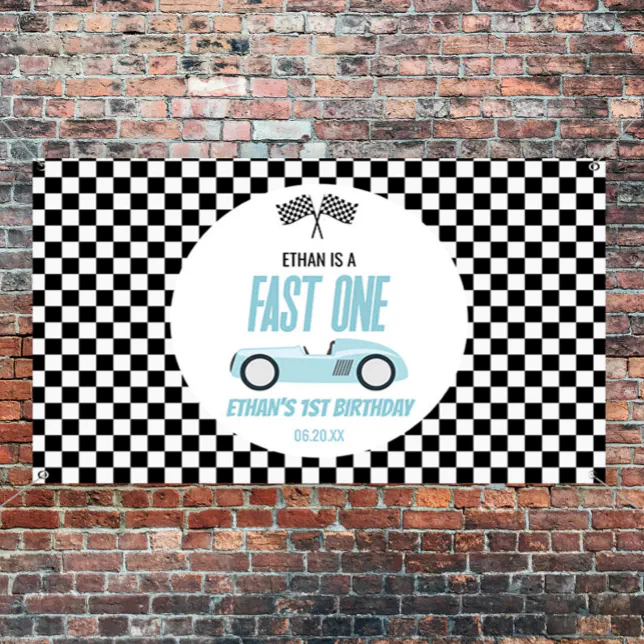 Fast One Blue Race Car 1st Birthday Party Banner | Zazzle