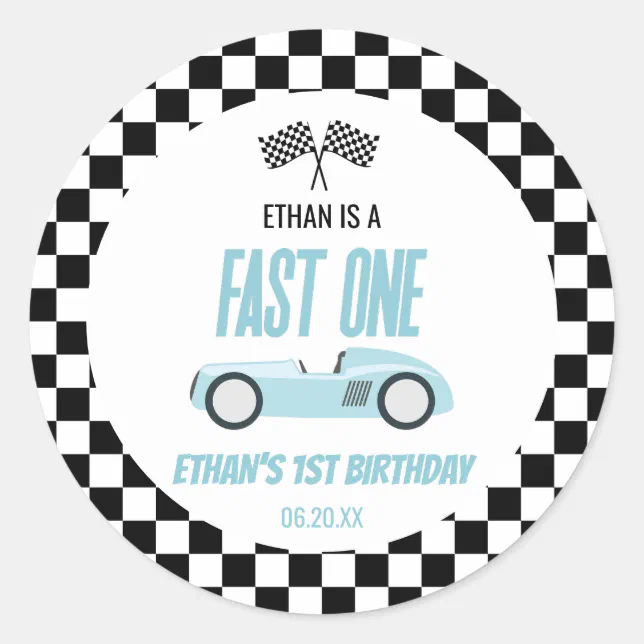 Fast One Blue Race Car 1st Birthday Party Classic Round Sticker | Zazzle