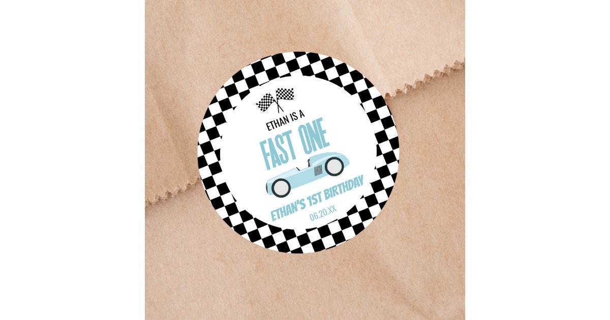 Fast One Blue Race Car 1st Birthday Party Classic Round Sticker | Zazzle