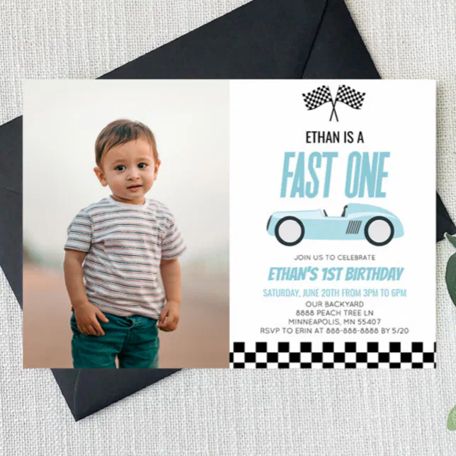Fast One Blue Race Car 1st Birthday Party Invitation | Zazzle